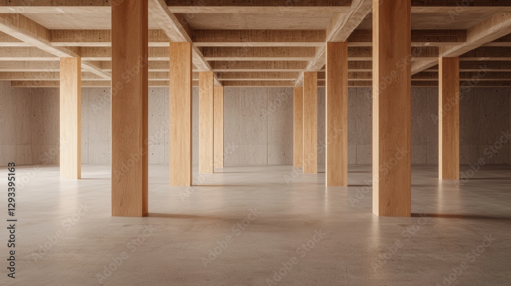 Empty industrial space with concrete walls and wooden pillars. Interior ...