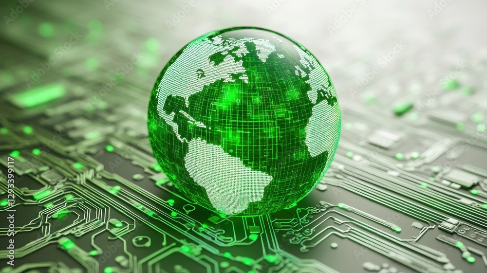 Green digital globe on circuit board - concept of global technology and ...