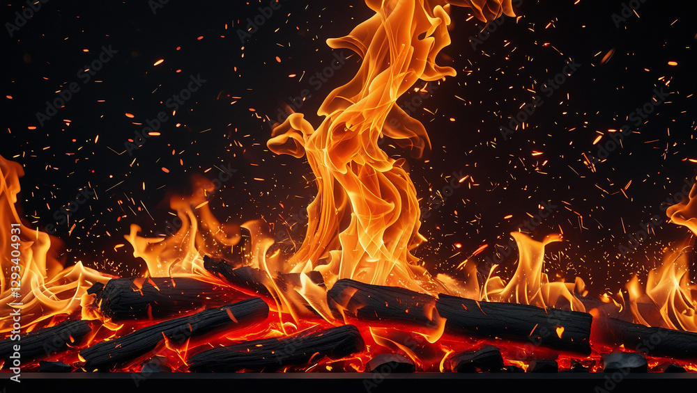 Realistic Fire and Scattered Sparks in the Dark – High-Contrast Flames ...