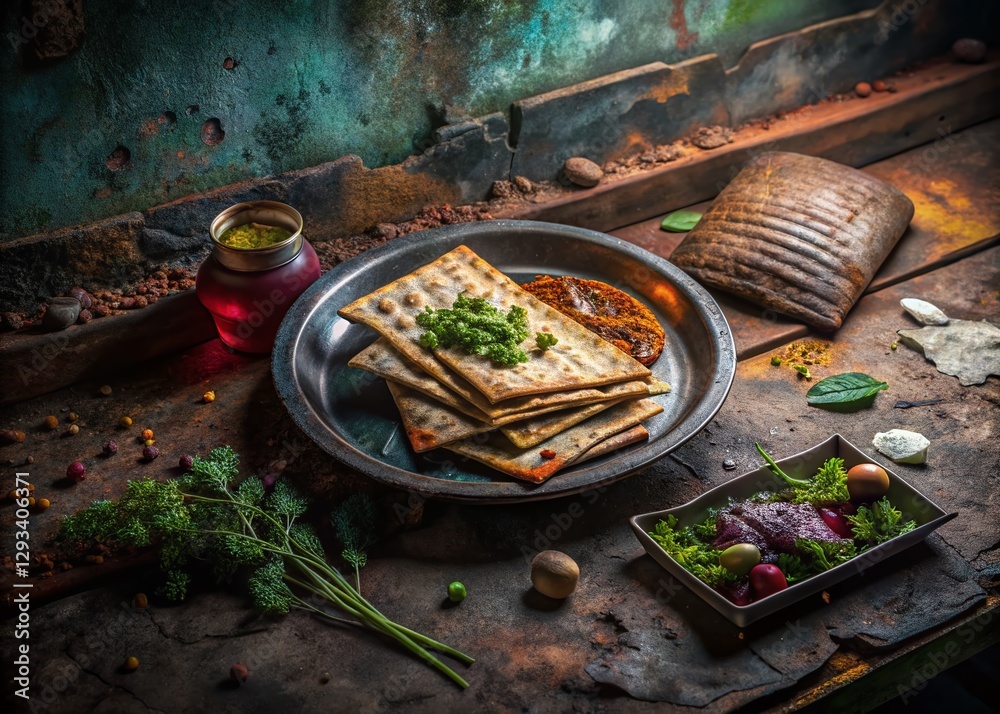 Urban Decay Passover Still Life: Matzah, Seder Plate Symbols Stock ...