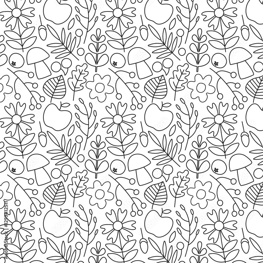 Seamless hand drawn floral pattern with leaves, flowers, mushrooms ...