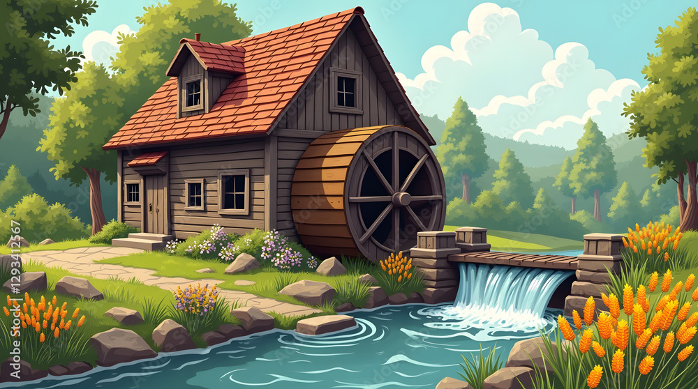 Cartoon water mills. Watermill old wooden mill houses with wheel, river ...