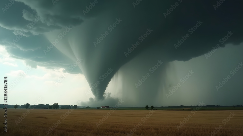 Tornado forming over farmland, dramatic storm clouds touching ground ...