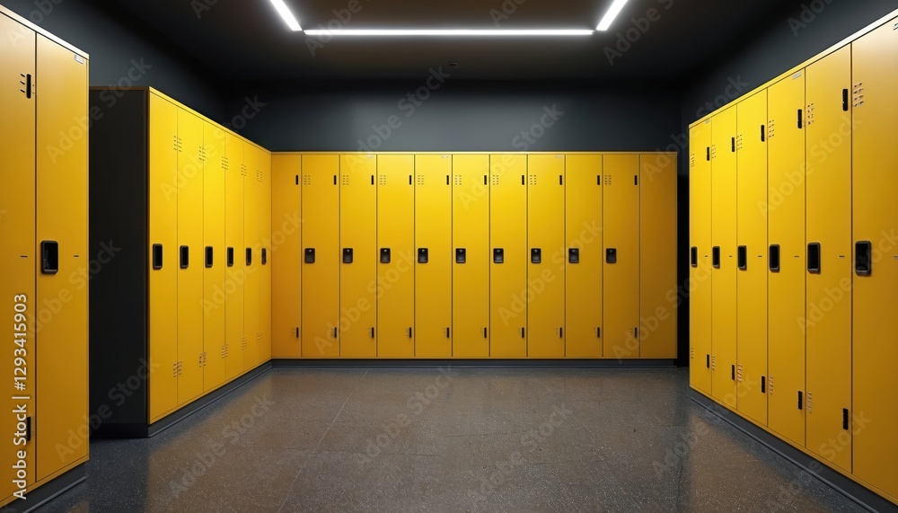 Modern yellow lockers stand against black wall in gym locker room ...