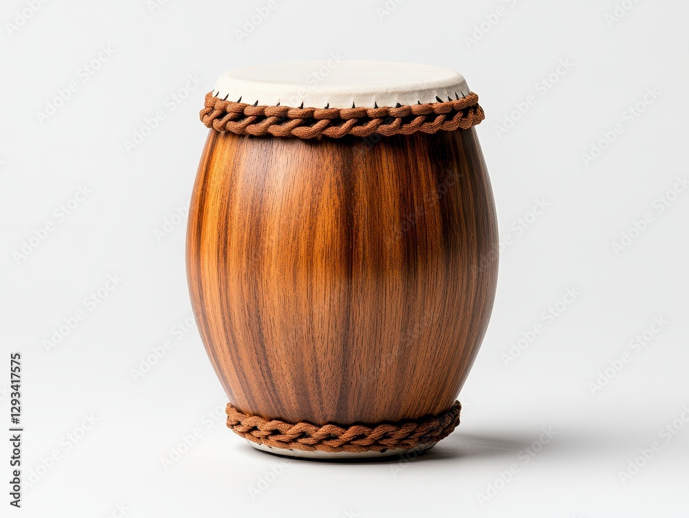 Rich brown wooden drum with off white top, isolated on white background ...