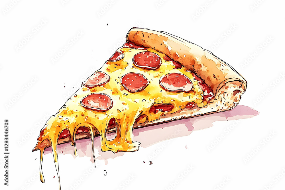 Watercolor Pepperoni Pizza Slice Illustration with Dripping Cheese Stock Illustration | Adobe Stock