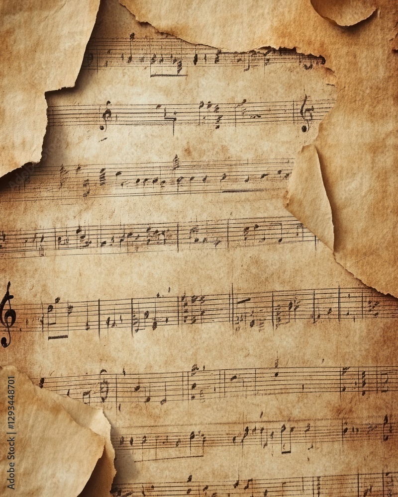 Aged, torn sheet music displaying musical notes and staff lines ...