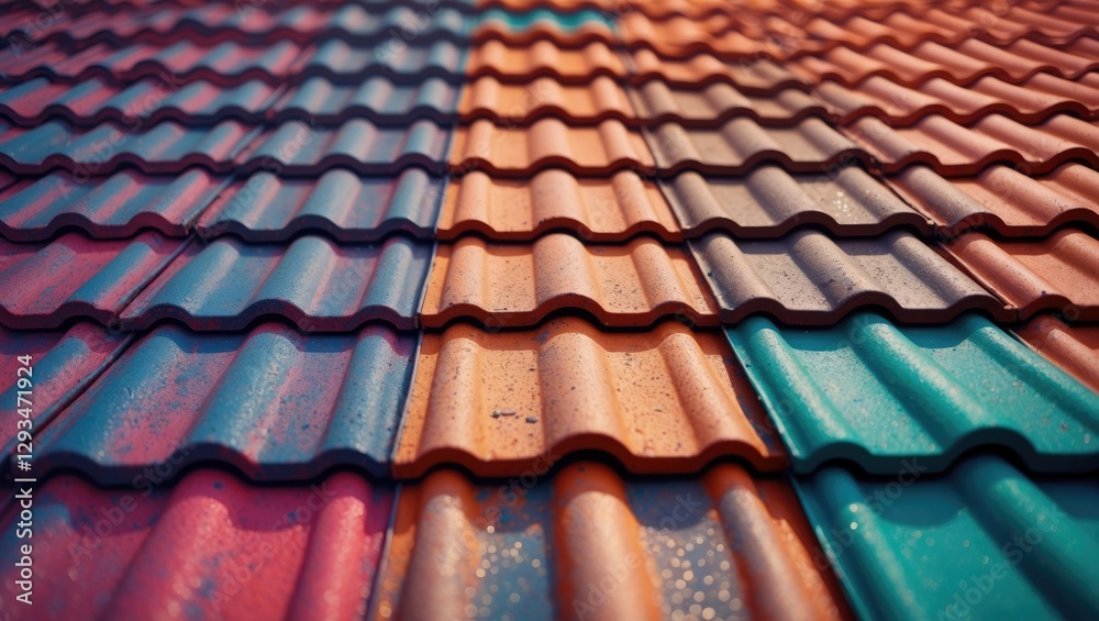 Colorful textured roofing tiles creating a vibrant pattern for ...