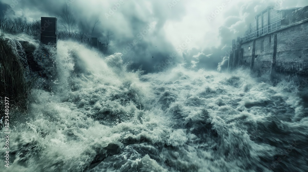 Floods. Flooding. Submerged cars on a city street. Streets, embankments ...