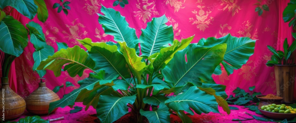 Lush cassava leaves with vibrant colors and traditional decorations ...
