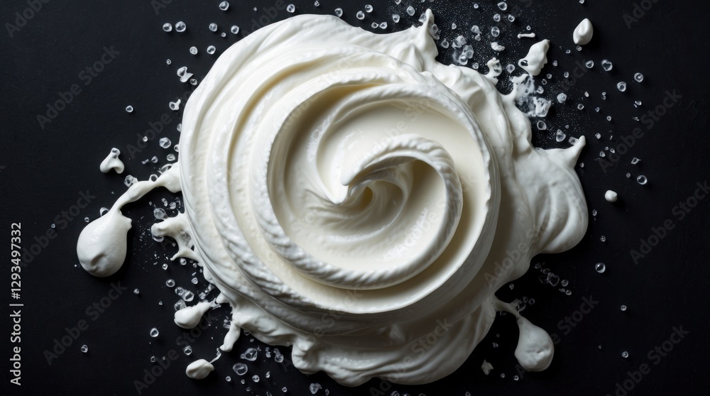 Whipped shaving cream isolated on a black background with droplets ...