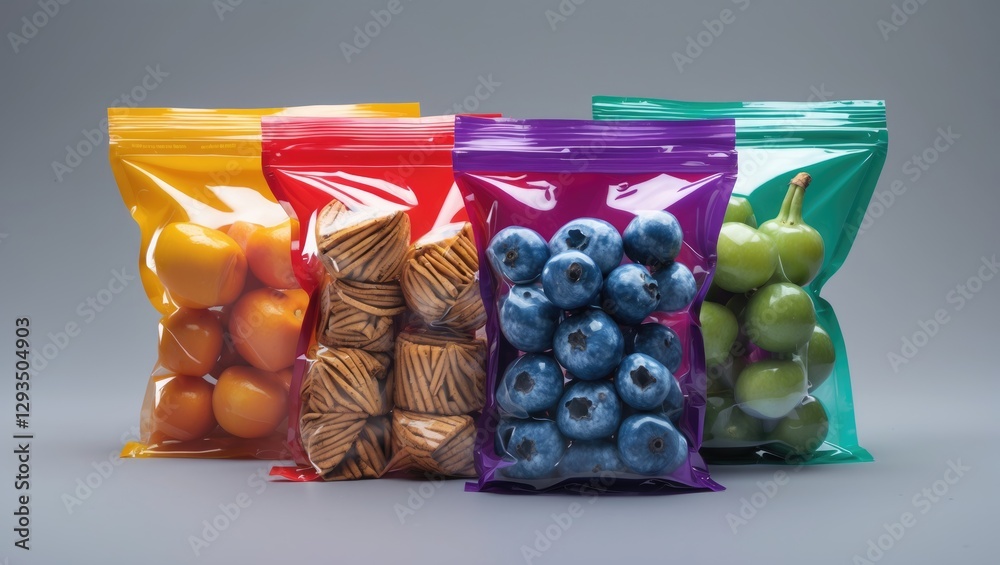 Colorful food packaging with shrink sleeves featuring assorted snacks ...