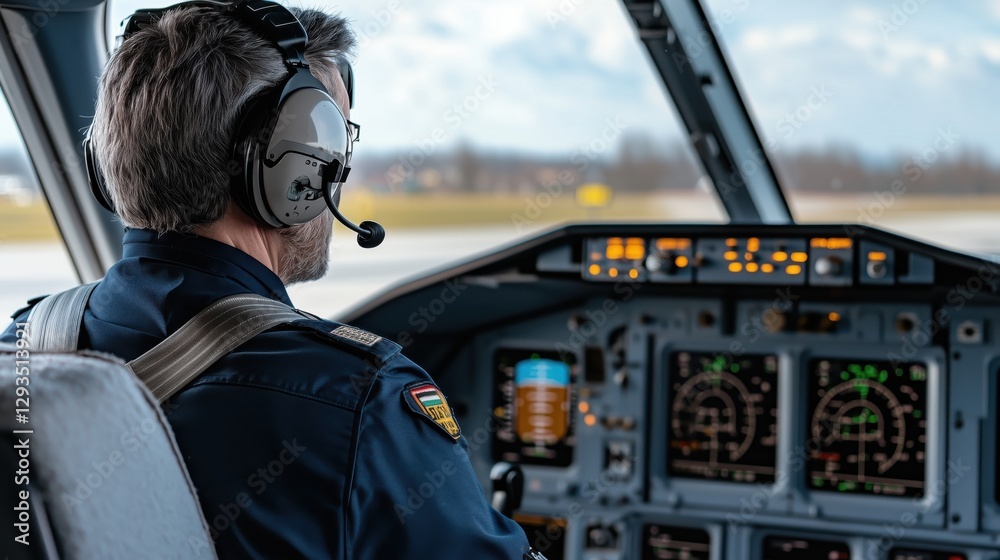Pilot in Cockpit Wearing Headset Operating Aircraft Controls with ...