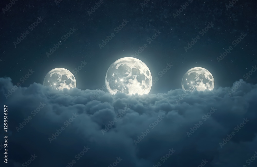 Surreal night sky with three moons over enveloping clouds, illuminated ...