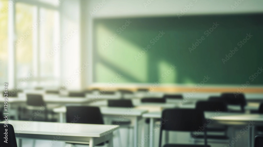 Softly blurred background of a classroom with wide windows and abundant ...