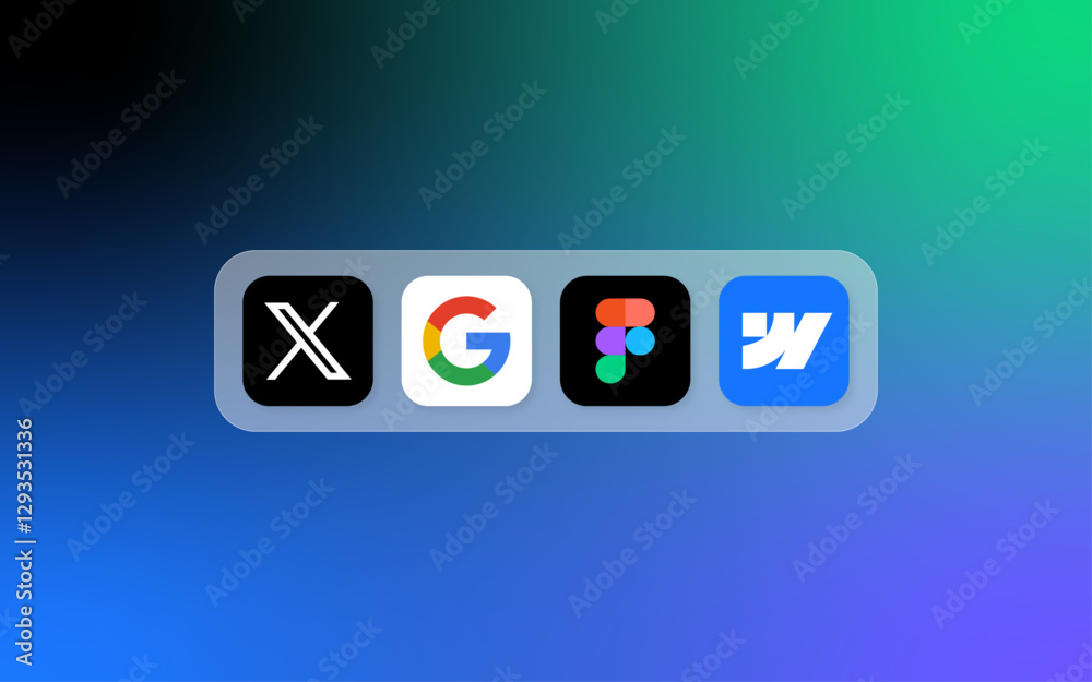 Twitter X, Google, Figma, Webflow icons are displayed on app bar user ...