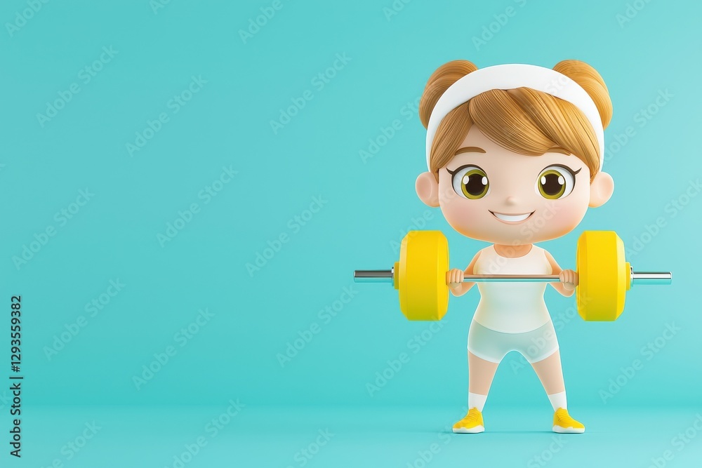 Cute cartoon fitness trainer lifting dumbbells in a gym environment for ...