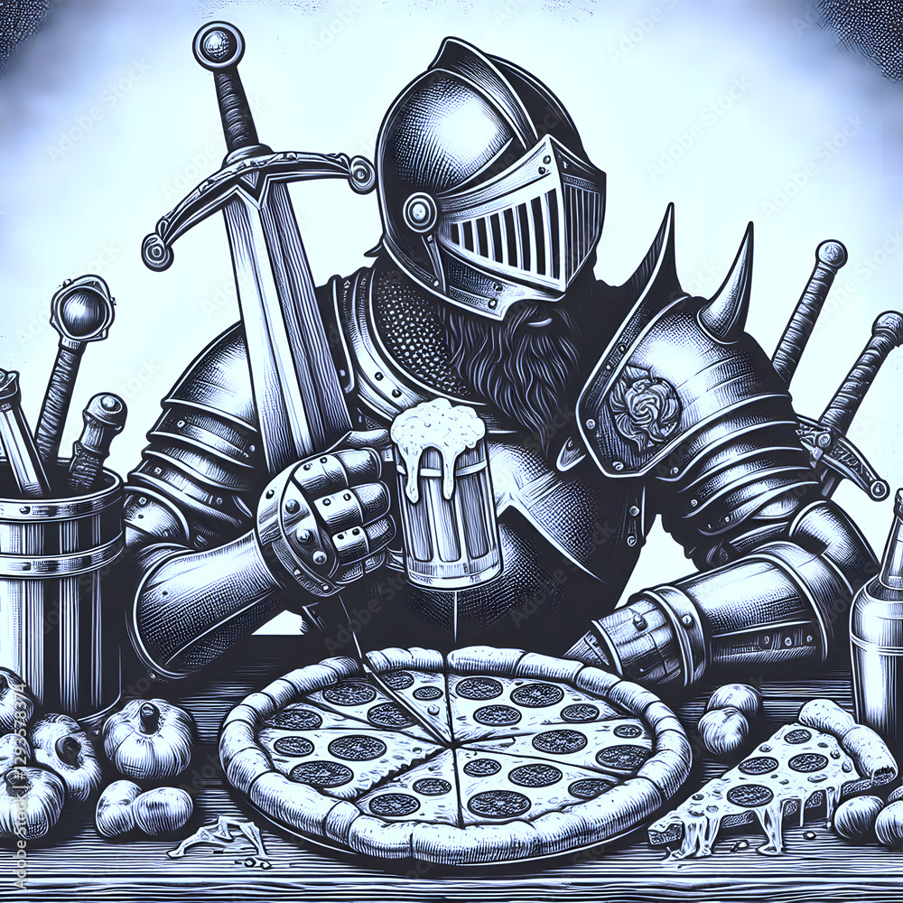 Knight in full armor, eating pizza and drinking beer while resting with ...