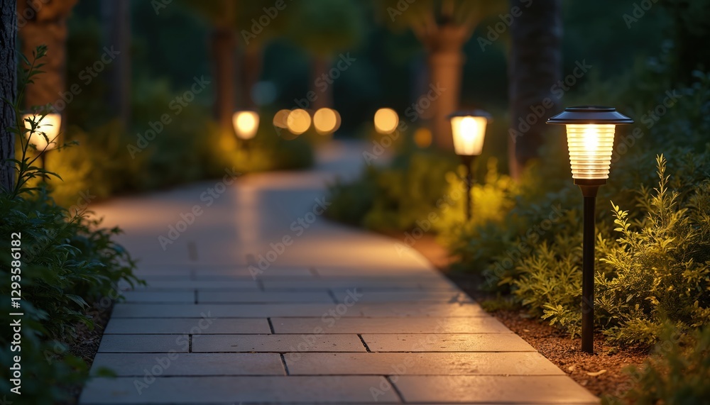 Solar LED bollard lights illuminate garden pathway at night. Warm light ...