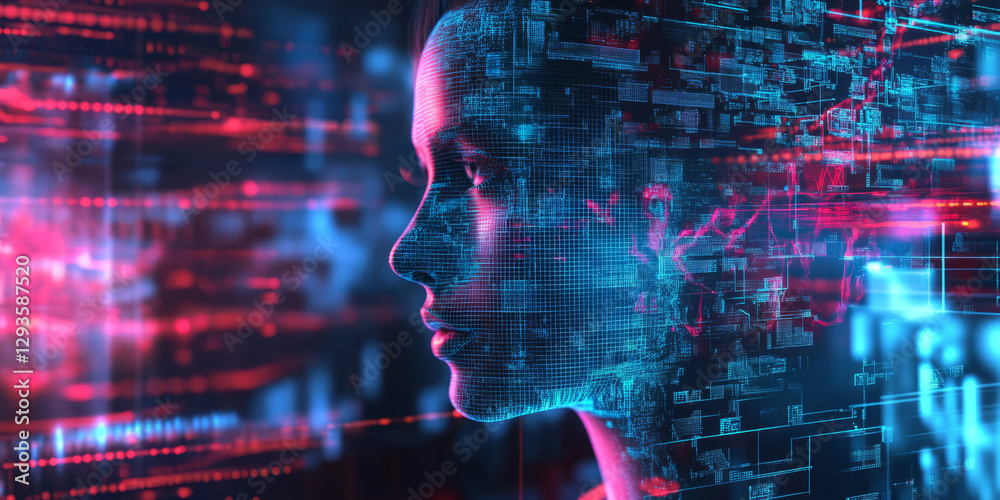 A futuristic AI-powered deepfake detection system, displaying glowing ...