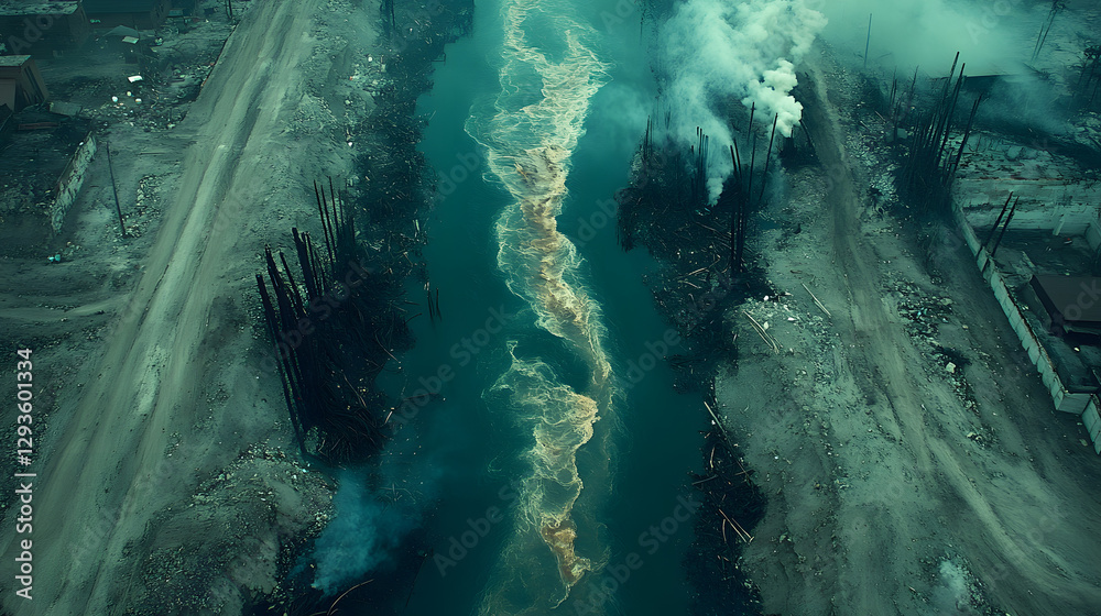 Industrial River: An aerial perspective of a river deeply affected by ...