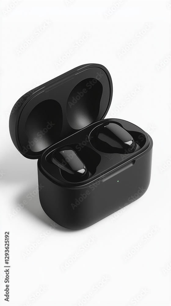 A matte black wireless earbud case, opened to reveal sleek, modern ...