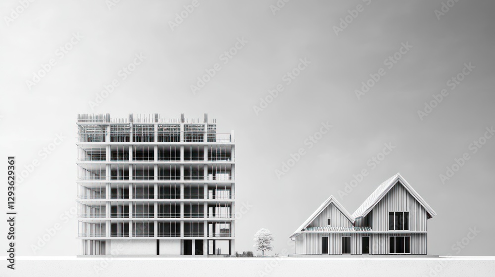 Architectural model, two buildings, construction, conceptual, grayscale ...