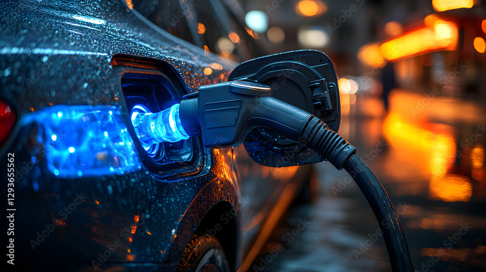 Electric Vehicle Charging: A close-up view of an electric vehicle being ...