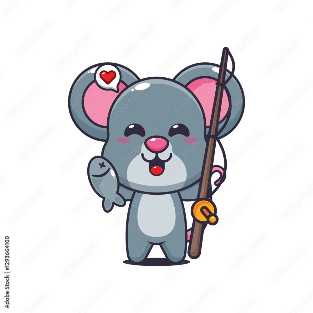 Mouse cartoon vector illustration catching fish with fishing rod Stock ...