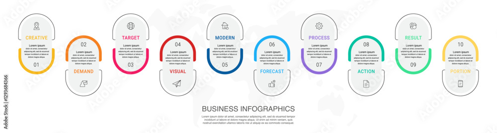 Vector line infographics with ten circles. Business concept graphic process template with 10 ...