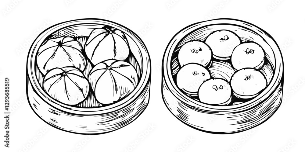 Hand-drawn dim sum sketch illustration. Vintage-style etching, perfect ...