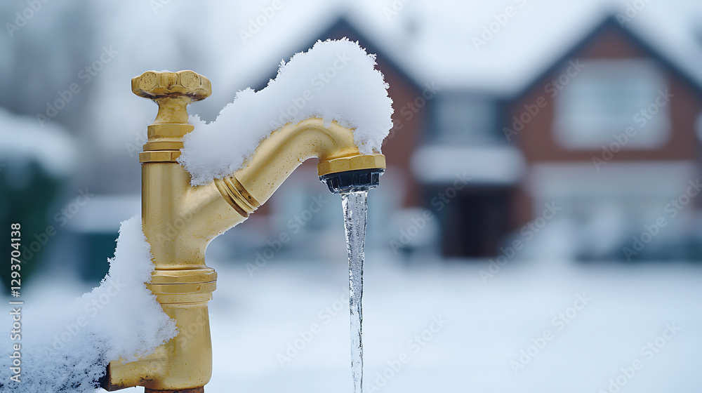 Frozen Tap: A golden outdoor faucet partially covered in snow, water ...
