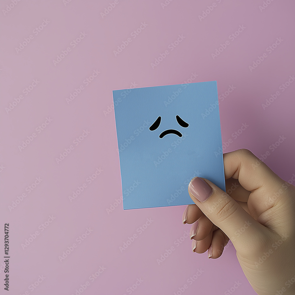 hand holding blue sticky note with sad face emoji against pink ...
