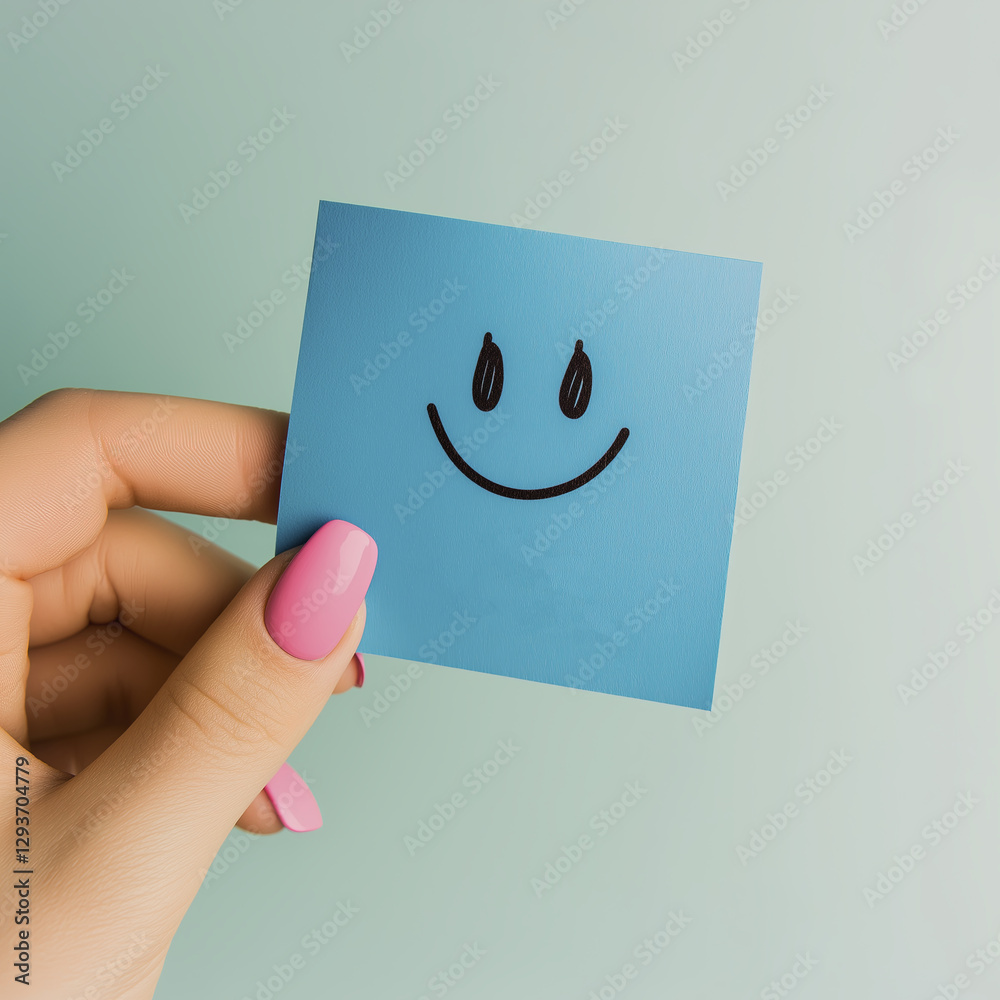 hand holding blue sticky note with smiling face emoji, conveying ...