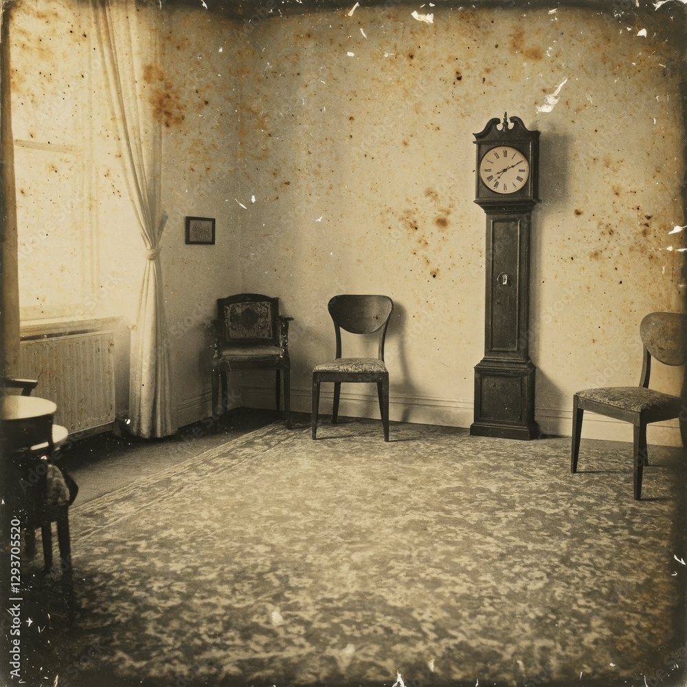 Vintage interior with armchairs and grandfather clock. The effect of an ...