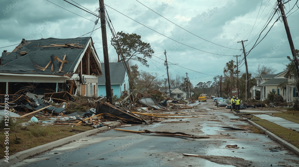 A hurricane aftermath scene in a devastated residential neighborhood ...