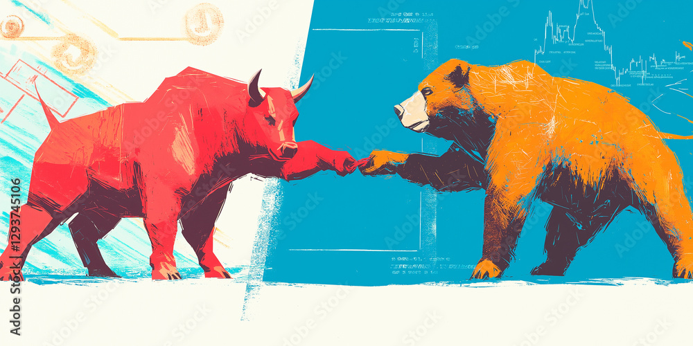 Conceptual Illustration of Bulls and Bears in Tug-of-War Overlaid with ...