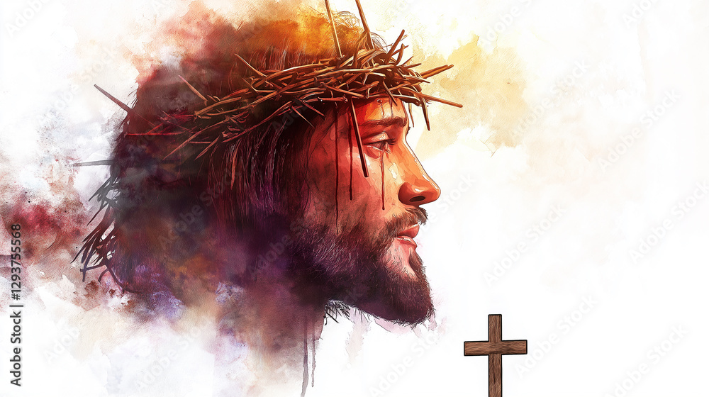 Jesus Christ Resurrection crowded people, float on cloud. Cross, sheep ...