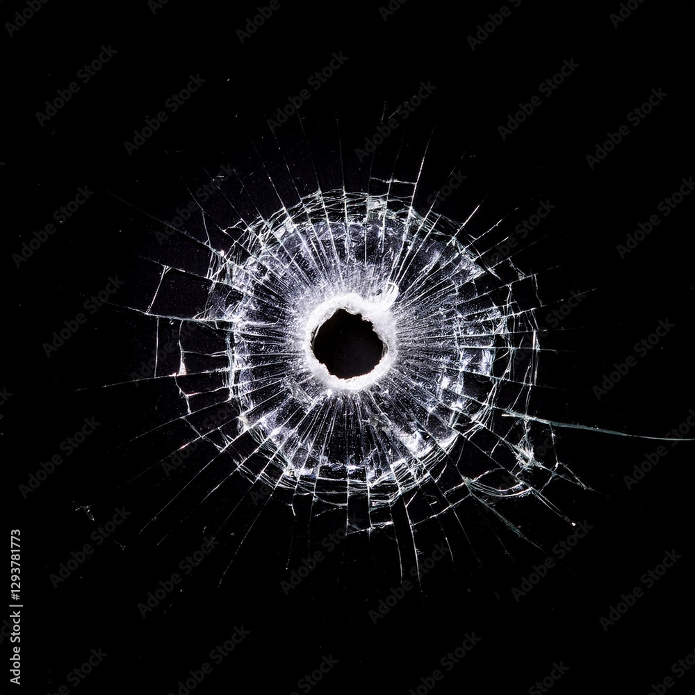 Broken glass with central impact and radial cracks on a black ...