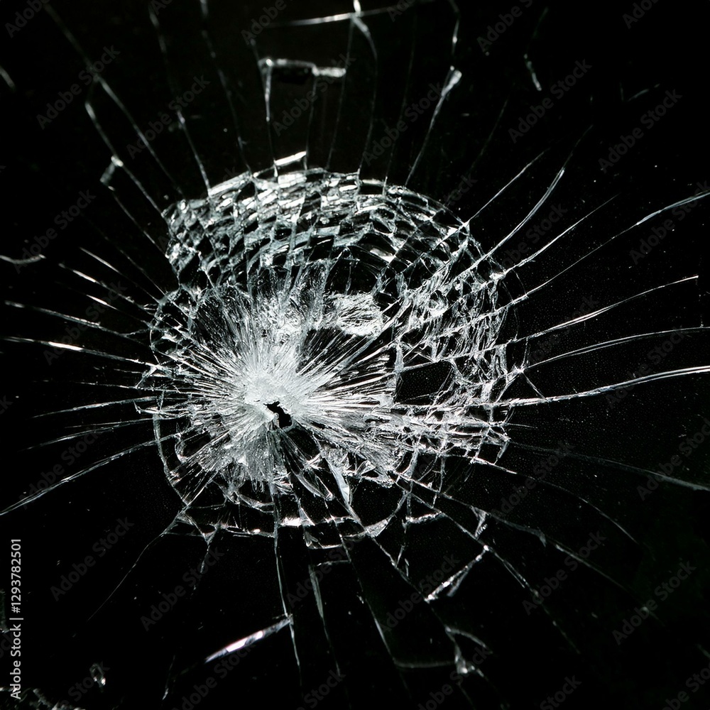 Broken glass with central impact and radial cracks on a black ...