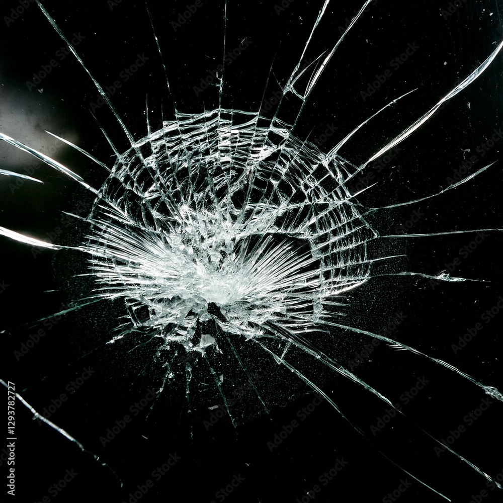 Broken glass with central impact and radial cracks on a black ...