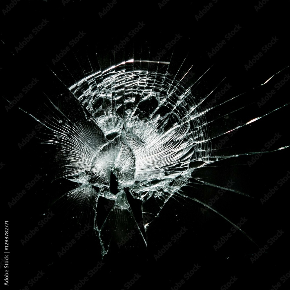 Broken glass with central impact and radial cracks on a black ...
