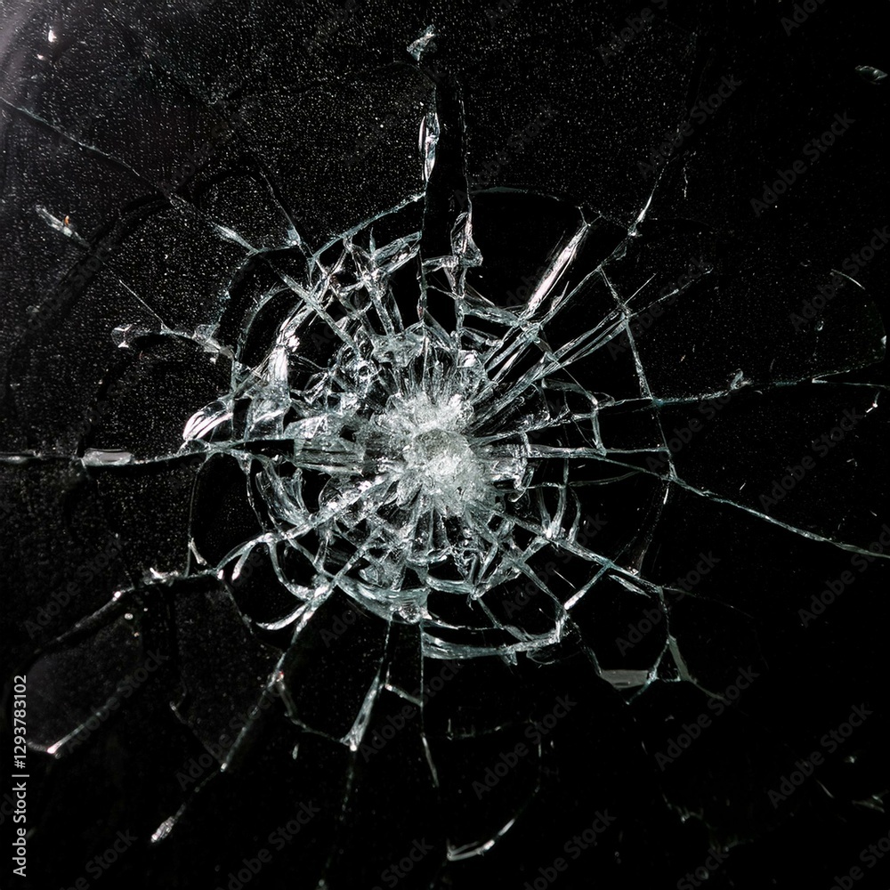 Broken glass with central impact and radial cracks on a black ...