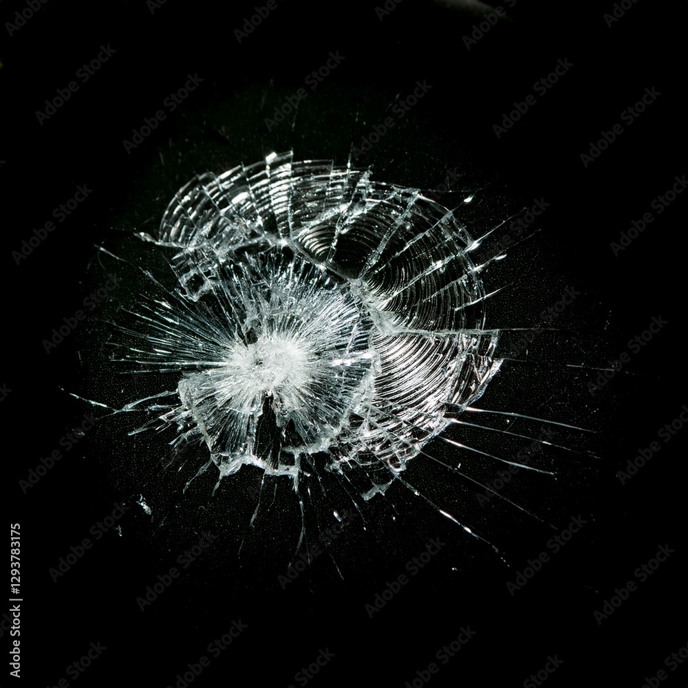 Broken glass with central impact and radial cracks on a black ...