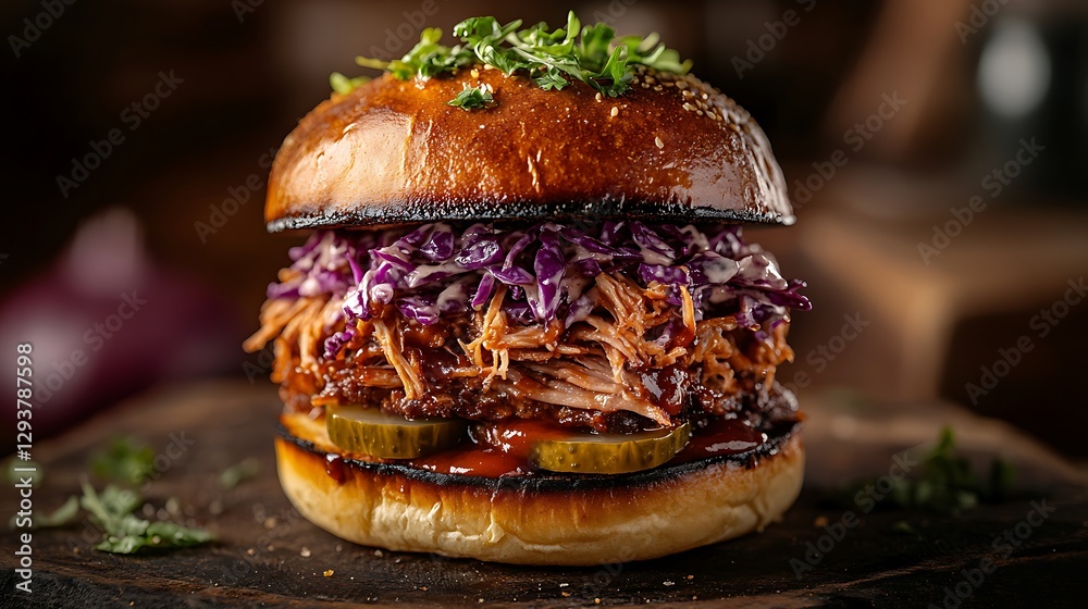 Meticulously detailed professional studio photography of a BBQ pulled ...