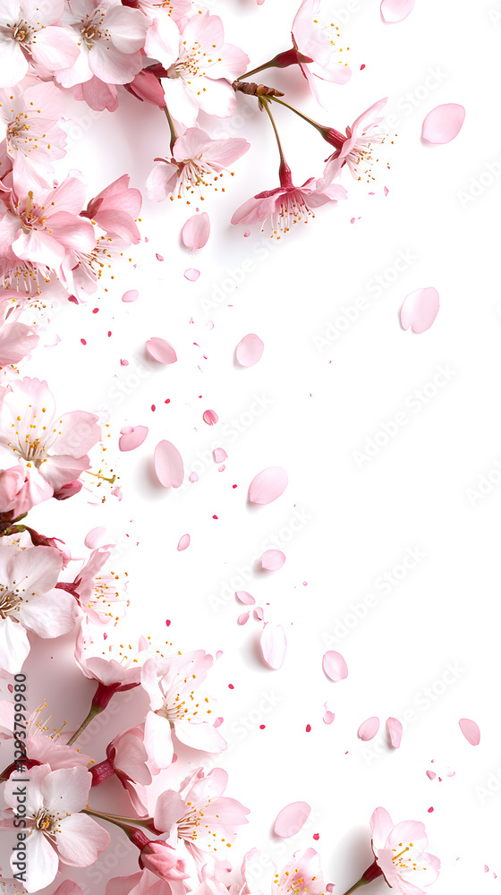 White background, white flowers on the left side of the image, spring ...