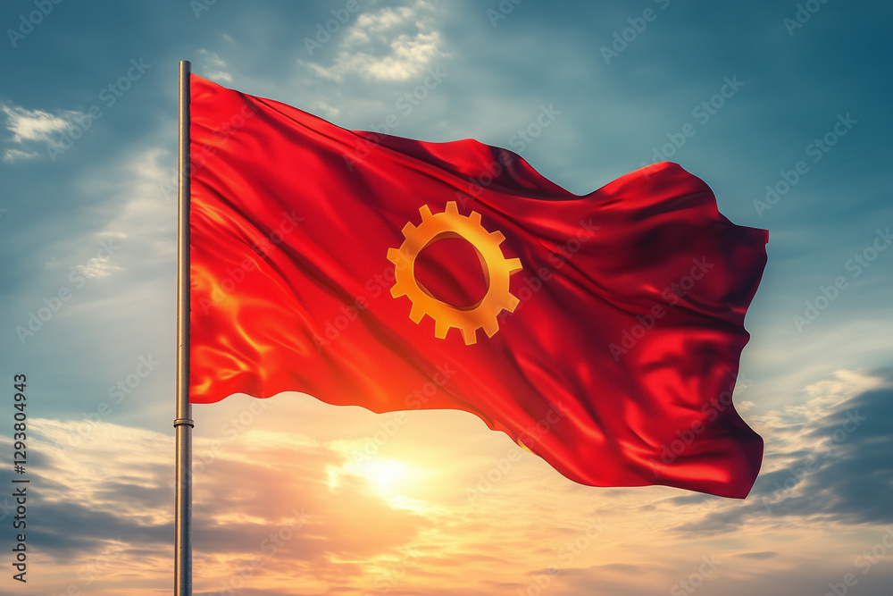 Red Flag with Golden Gear Symbol Waving Against Sunset Sky ...