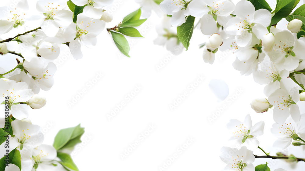 White background, white flowers on the left side of the image, spring ...