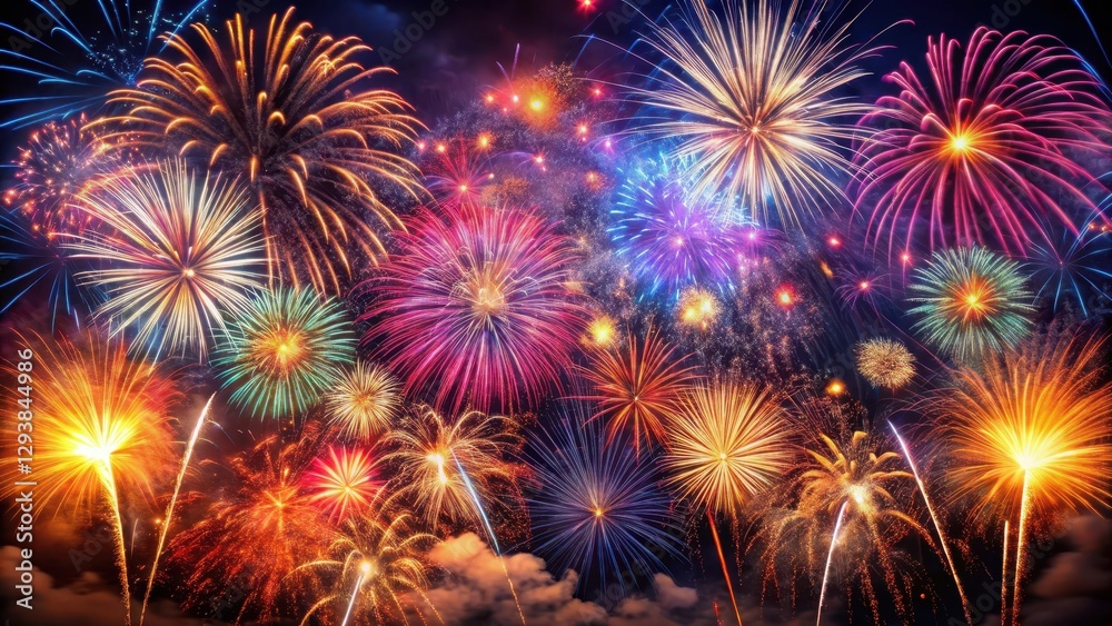 Dark and moody fireworks exploding in the night sky with vibrant colors ...