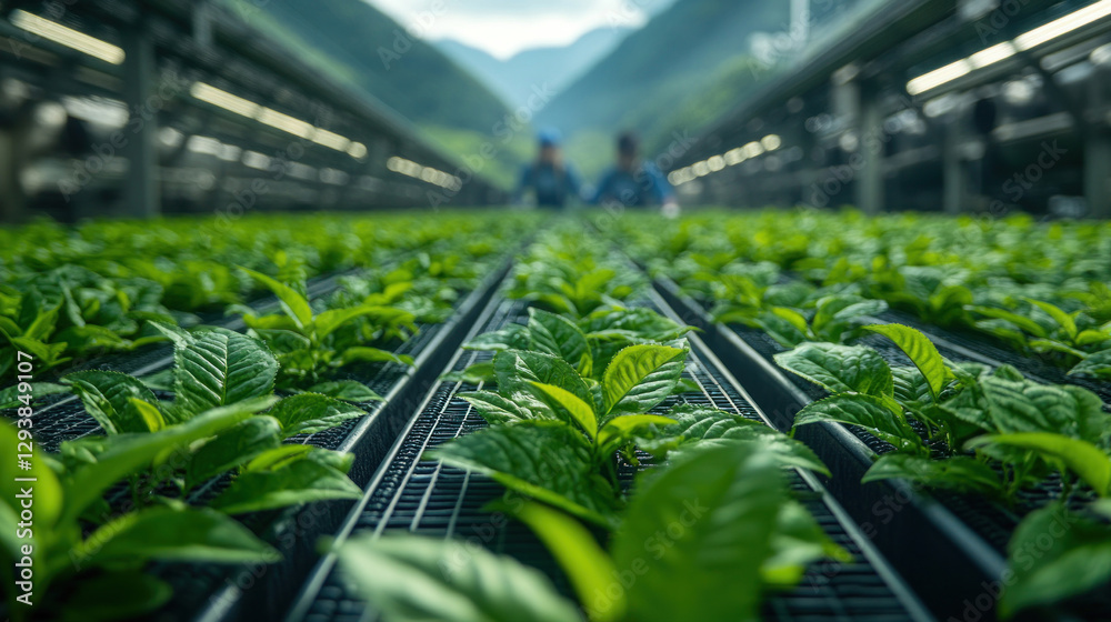 High-altitude organic tea factory, fresh leaves being processed at ...